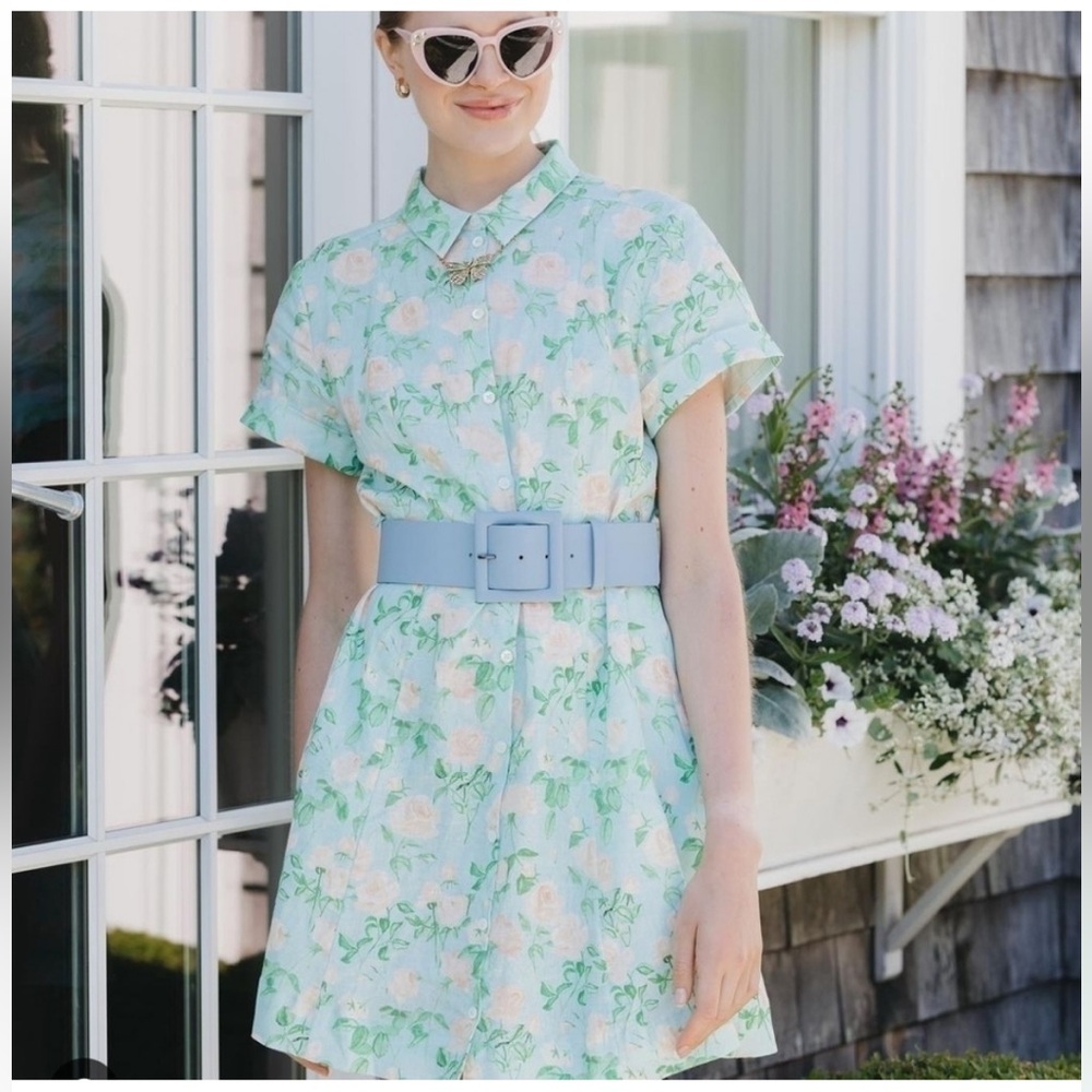 Hill House Laura Blue Roses Linen Button Down Dress - Gem